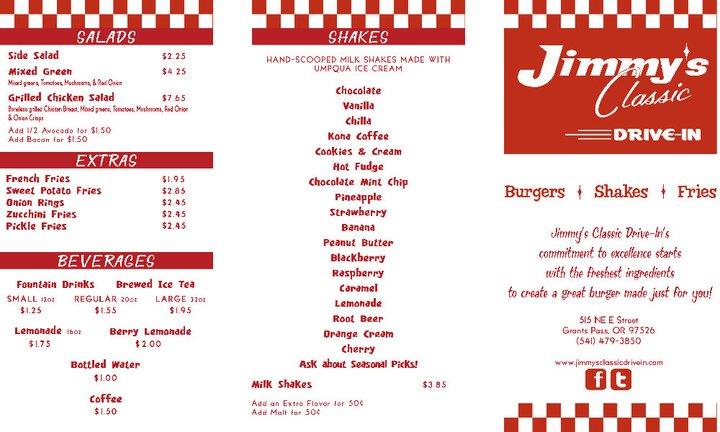 Menu at Jimmy's Classic Drive-In restaurant, Grants Pass