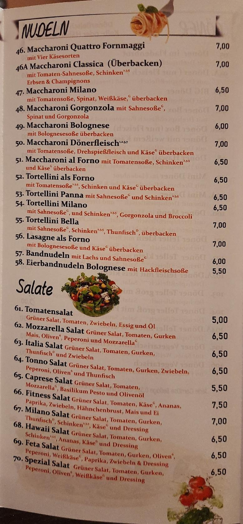 Speisekarte von Pizzeria Milano Blitz, Hofgeismar