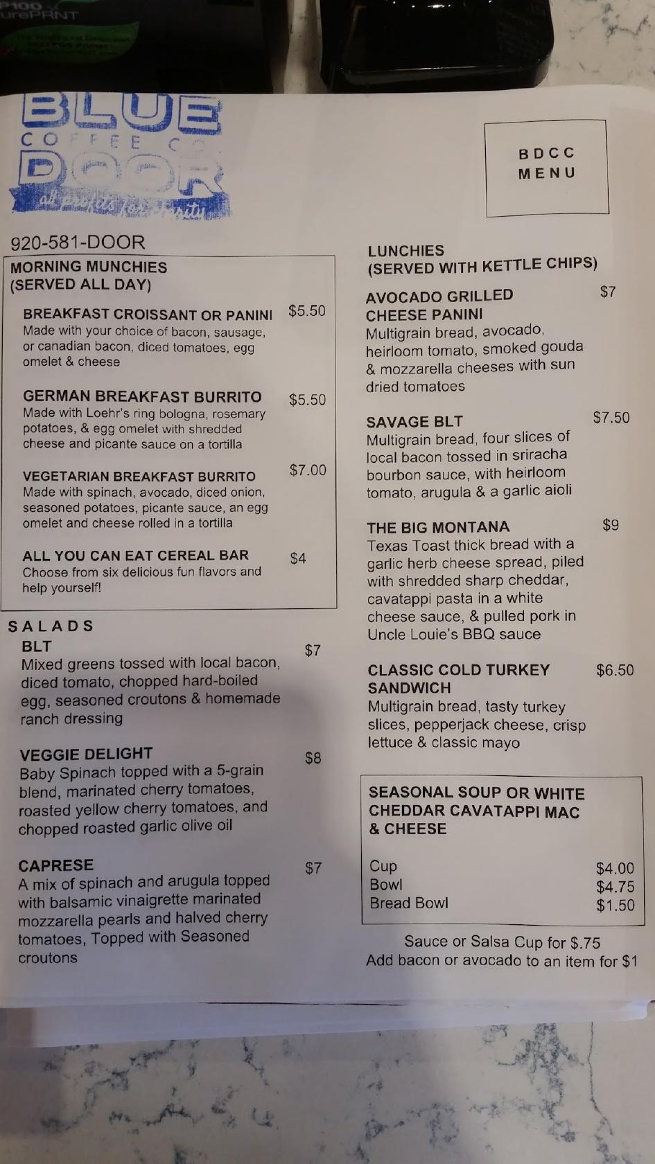 Menu at Blue Door Coffee Co. restaurant, Campbellsport