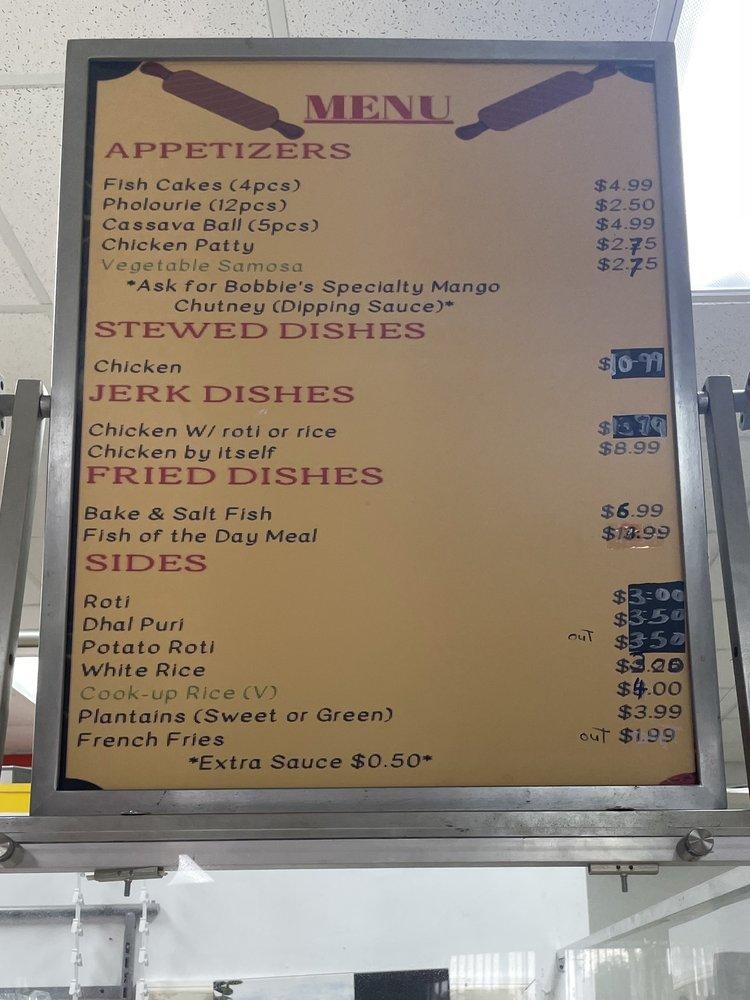 Menu at Bobbi's Roti Hut restaurant, Clermont