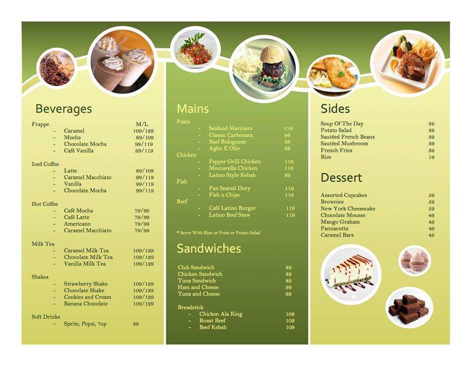 Menu at Cafe Latino, Manila