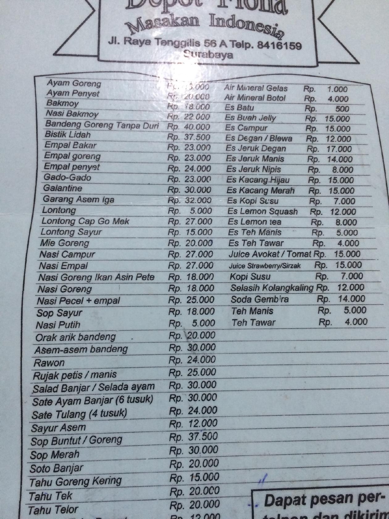 Menu at Depot Fiona restaurant, Surabaya