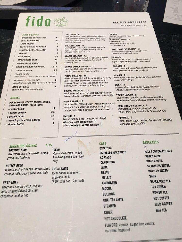 Menu at Fido cafe, Nashville