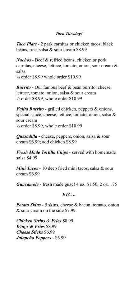Menu at Fool's Gold Saloon restaurant, Webberville
