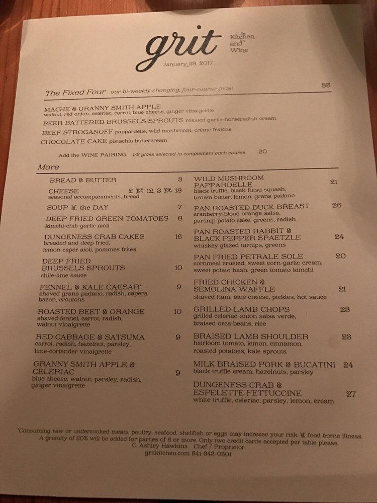 Menu at Grit restaurant, Eugene