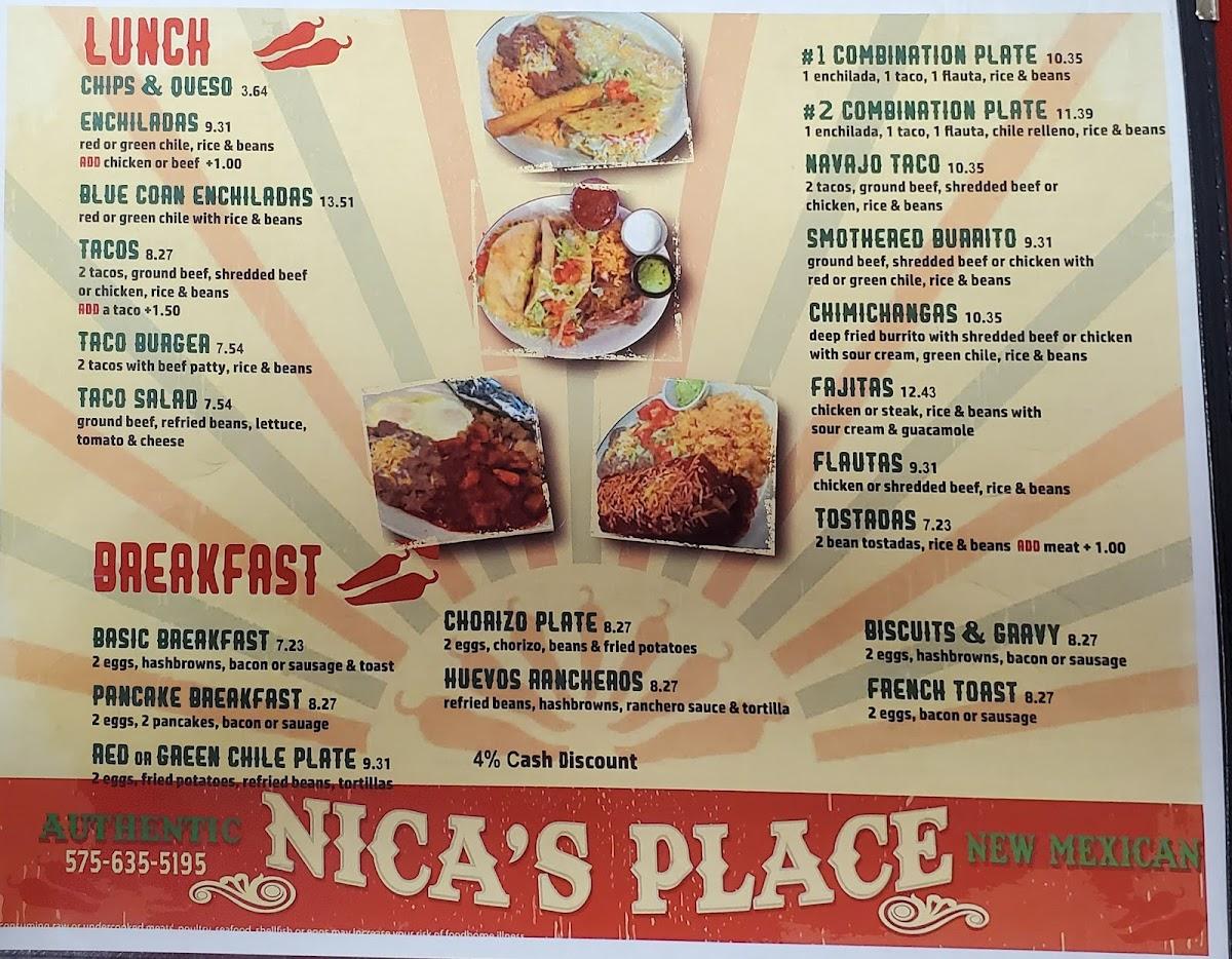 Menu at Nica's Place restaurant, Las Cruces
