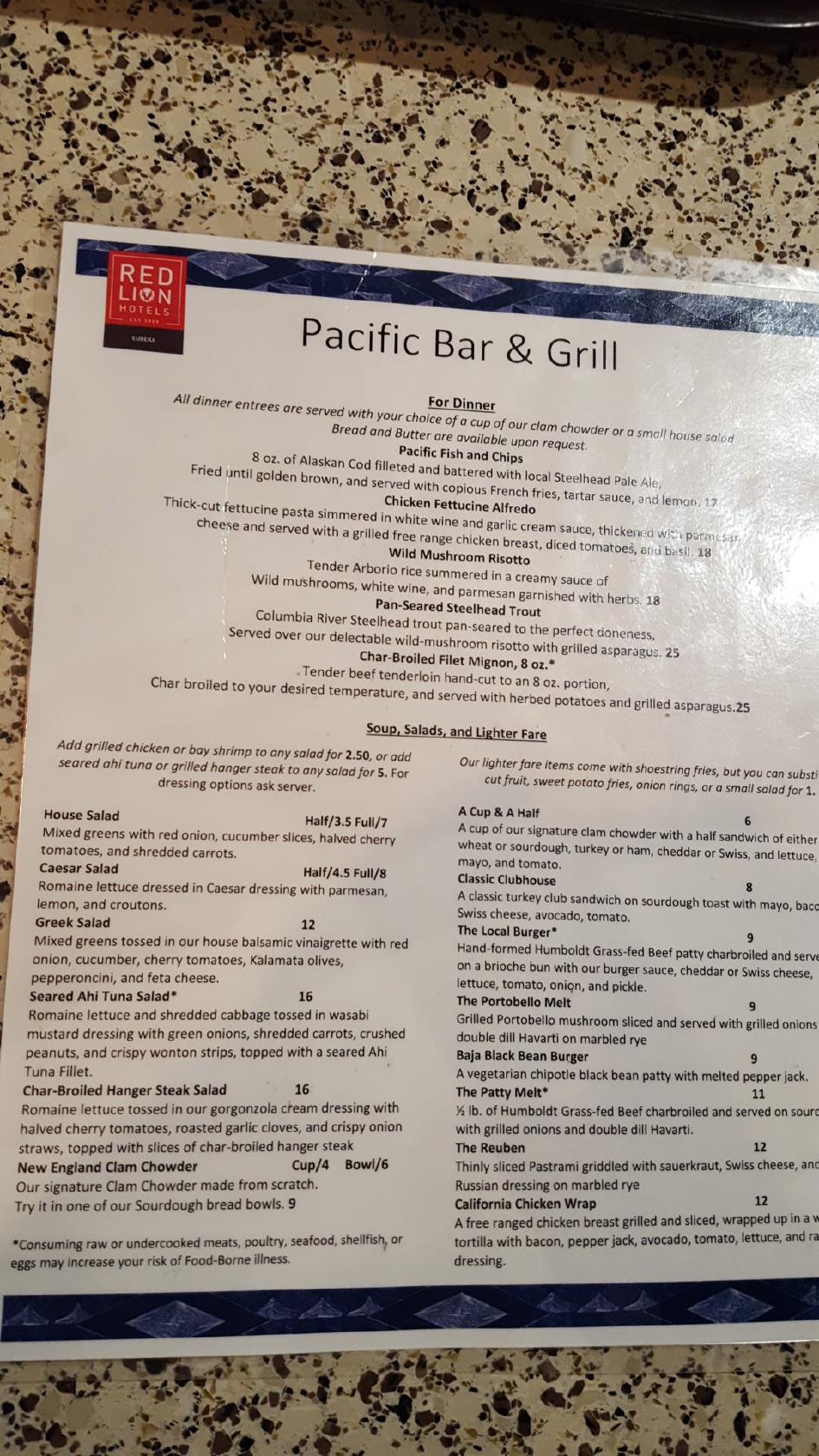Menu at Pacific Bar & Grill @ Red Lion Hotel, Eureka