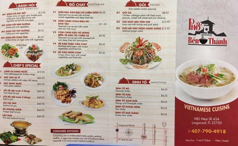 Menu at Pho Ben Thanh restaurant, Longwood