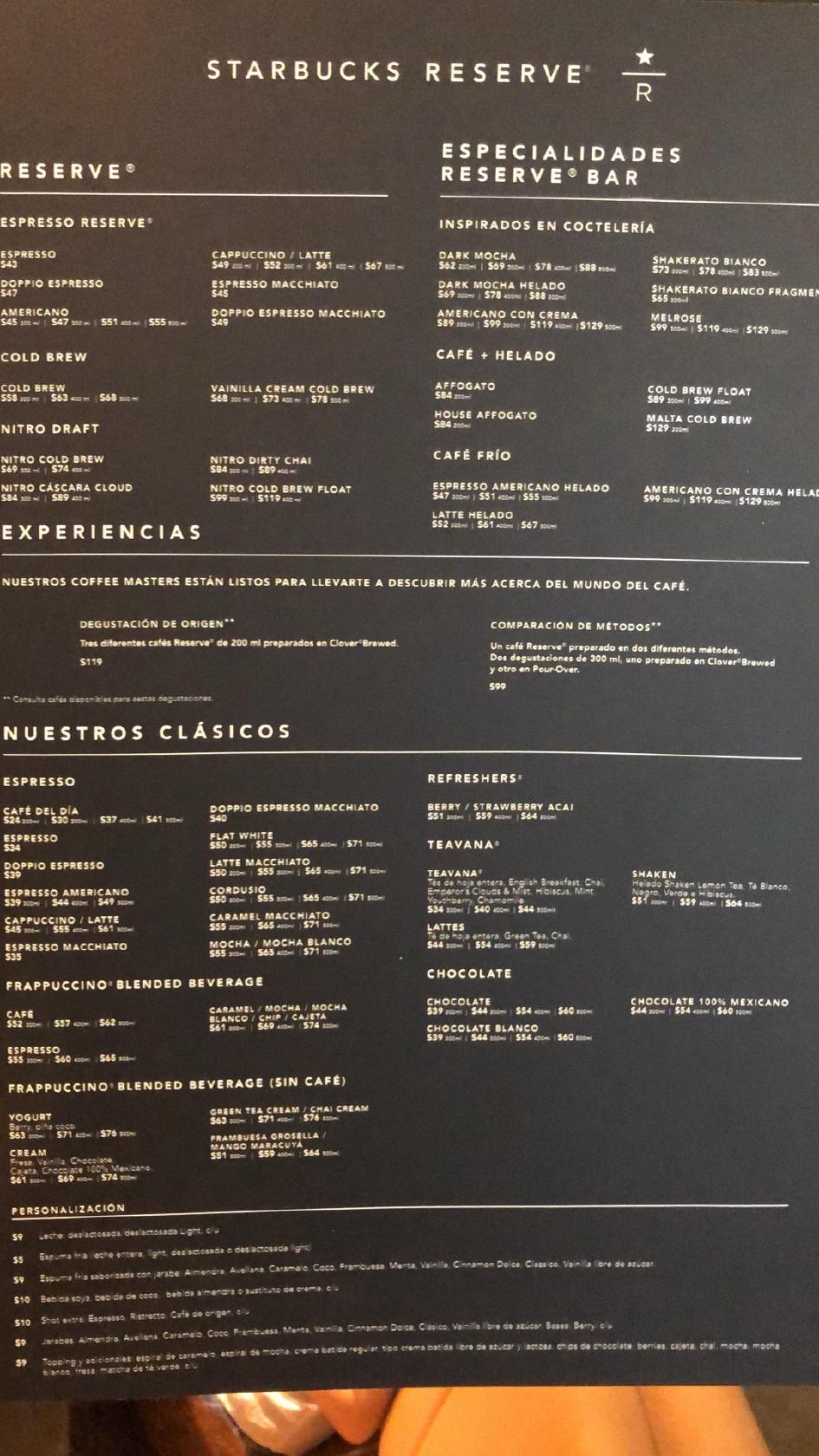 Carta del café Starbucks Reserve Punto Valle, San Pedro Garza García ...