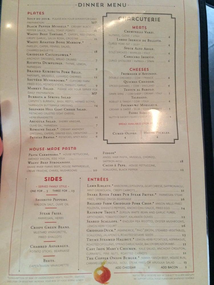 Menu at The Copper Onion restaurant, Salt Lake City
