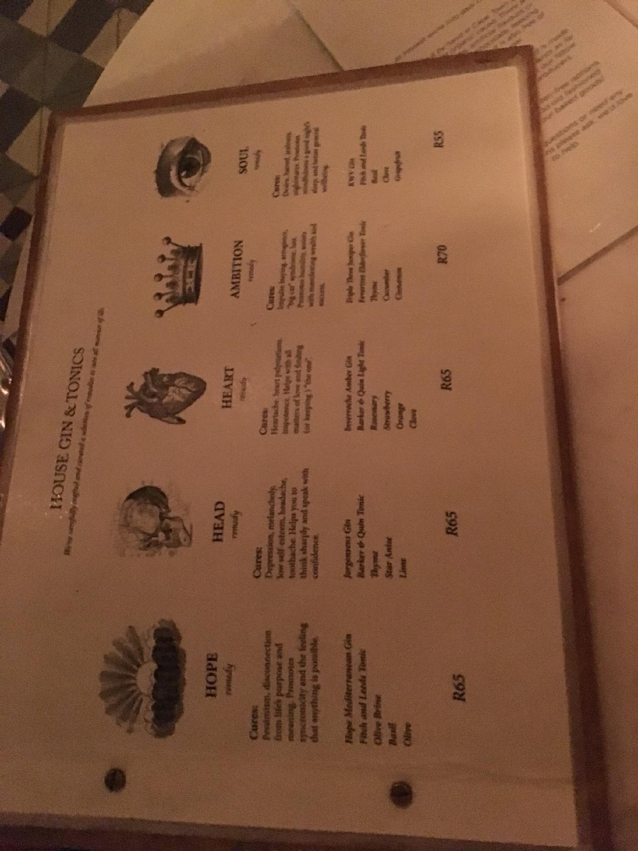 Menu at The Gin Bar, Cape Town, 64A Wale St
