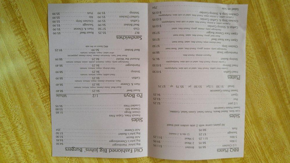 Menu at Big John's Bar-B-Que, Ferriday