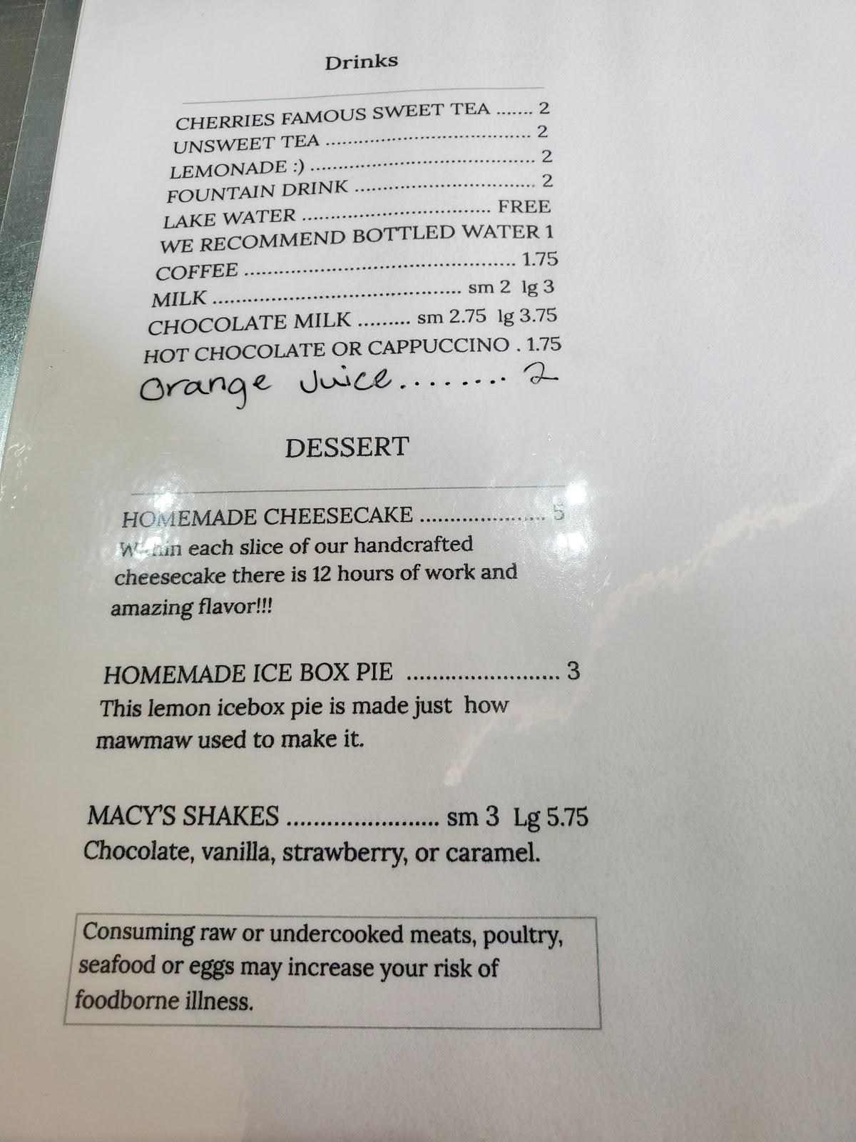 Menu at Cade's Grill restaurant, Counce
