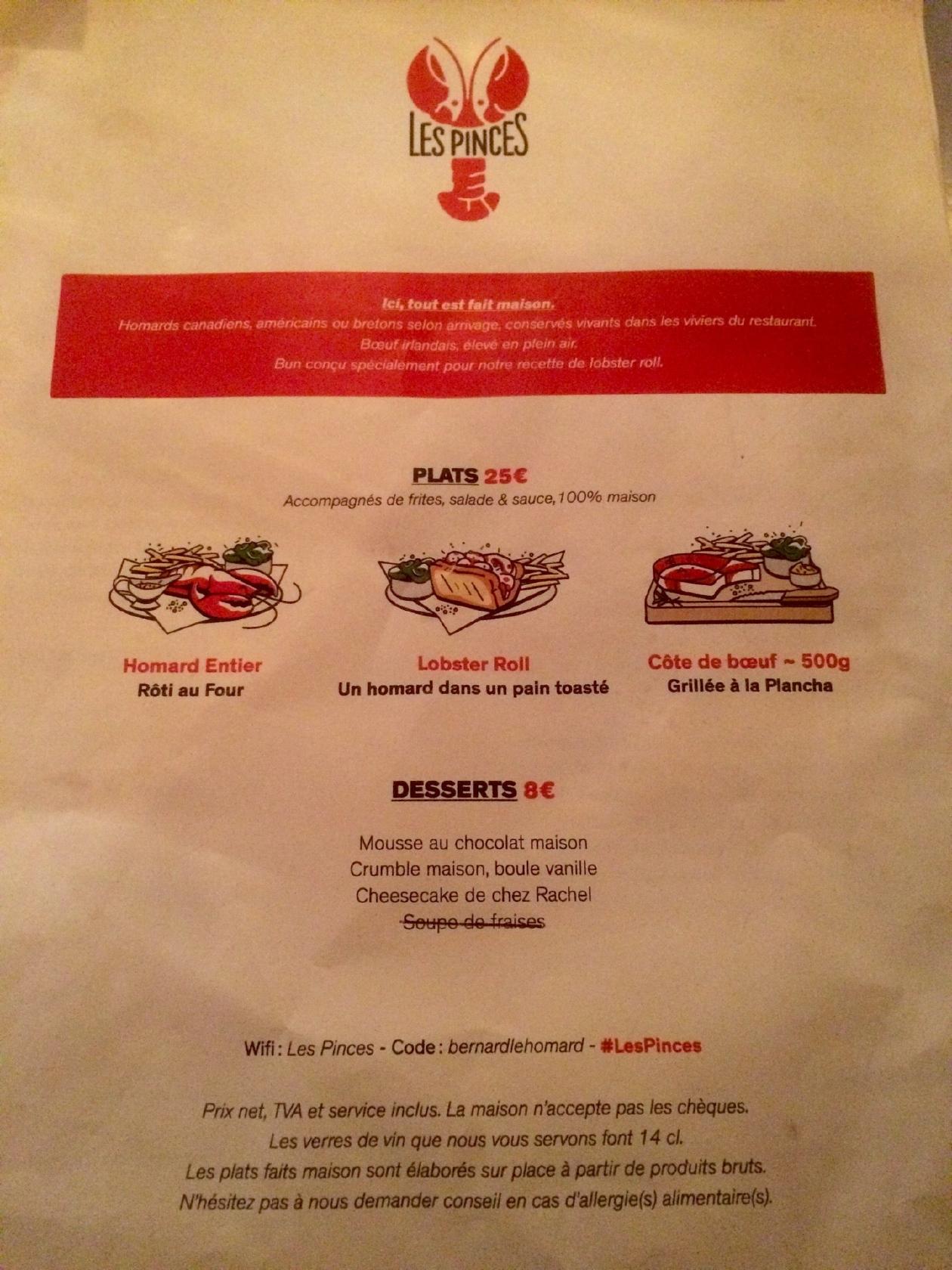 Menu at Les Pinces restaurant, Paris, 29 Rue du Bourg Tibourg
