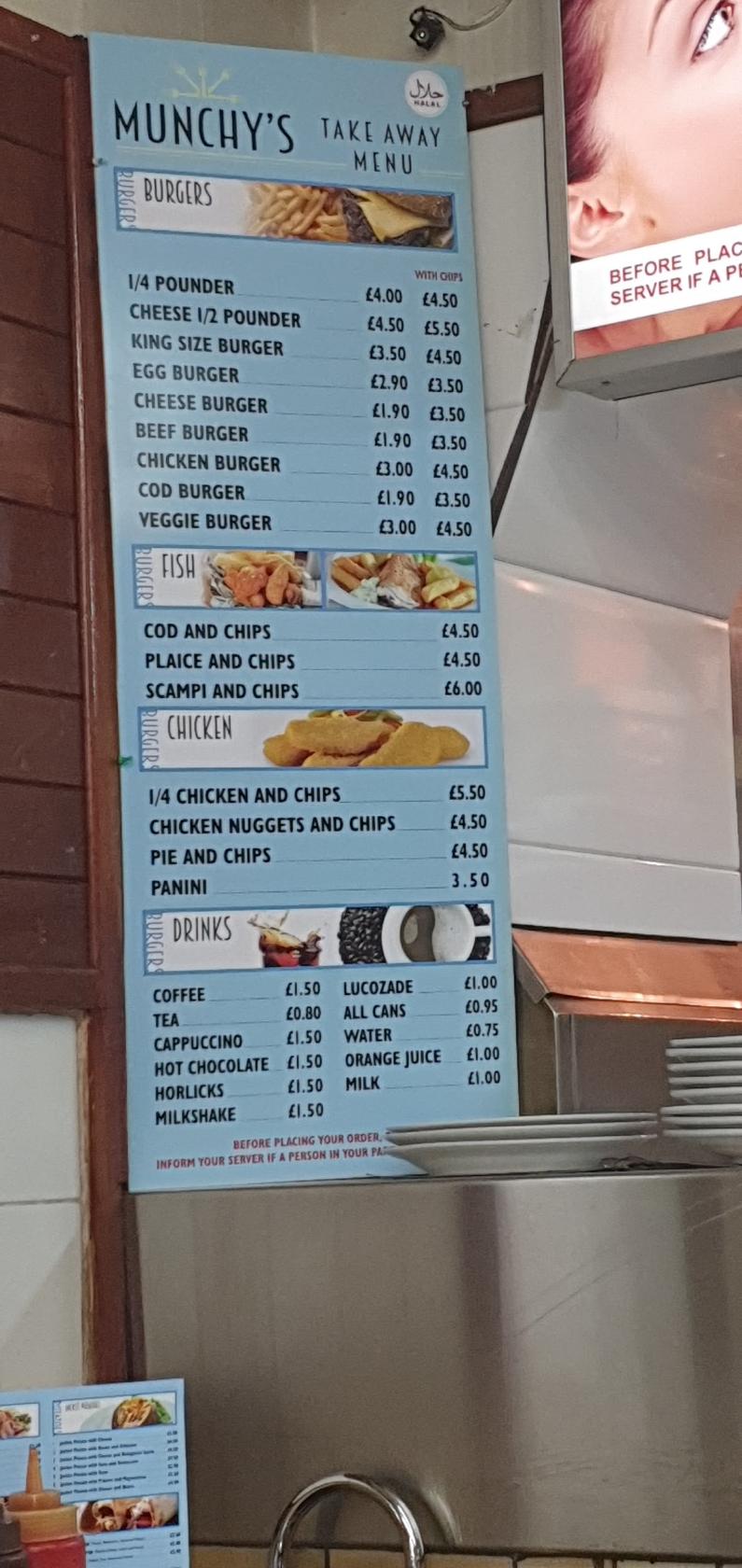 Menu at Munchy's cafe, Edgware, 122 Burnt Oak Broadway