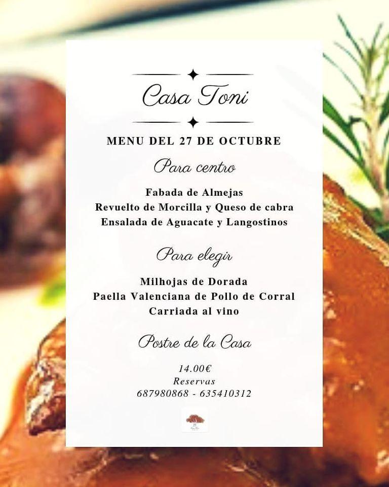 Carta del restaurante Casa Toni, Paterna, Carrer del Comte del Montornès