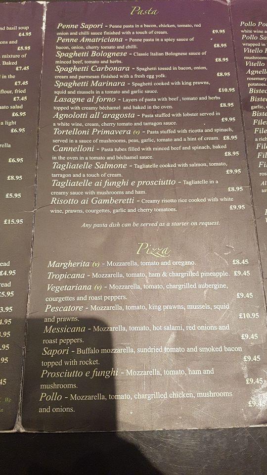 Menu at Sapori restaurant, Blackpool
