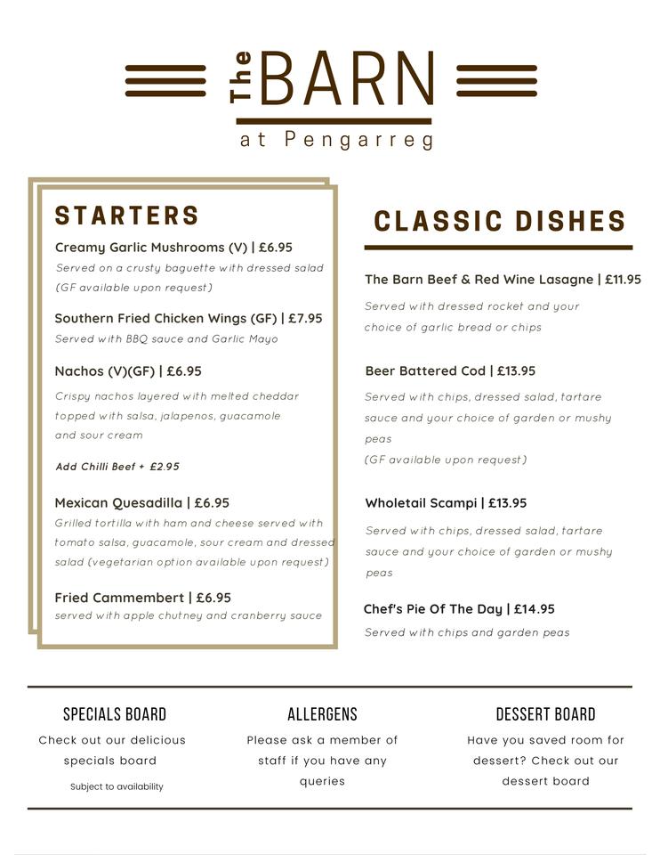 Menu at The Barn at Pengarreg, Llanrhystud, A487