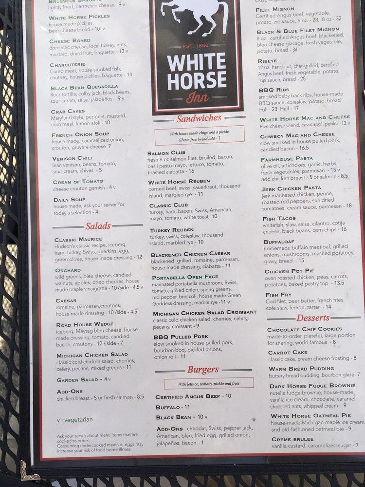 Menu at White Horse Inn restaurant, Metamora