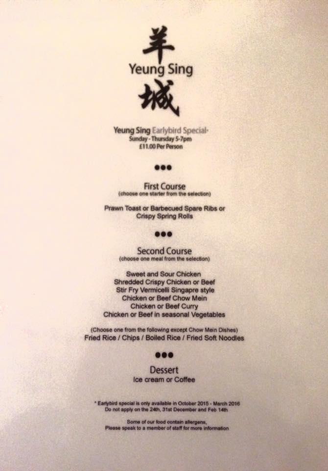 Menu at Yeung Sing Takeaway restaurant, Llandudno