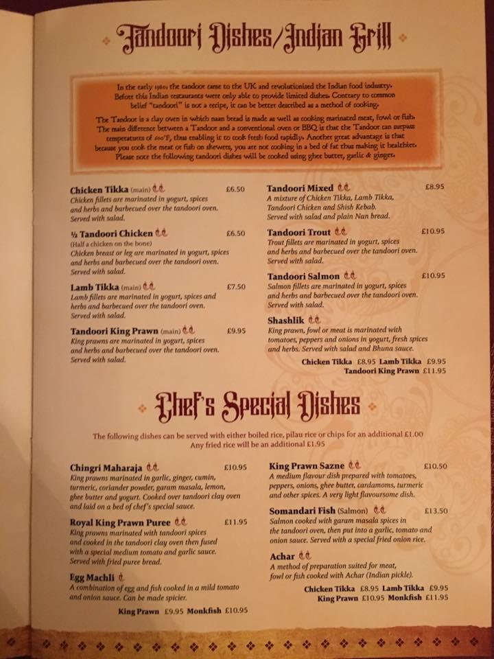 Menu at Agrah restaurant, Cleethorpes
