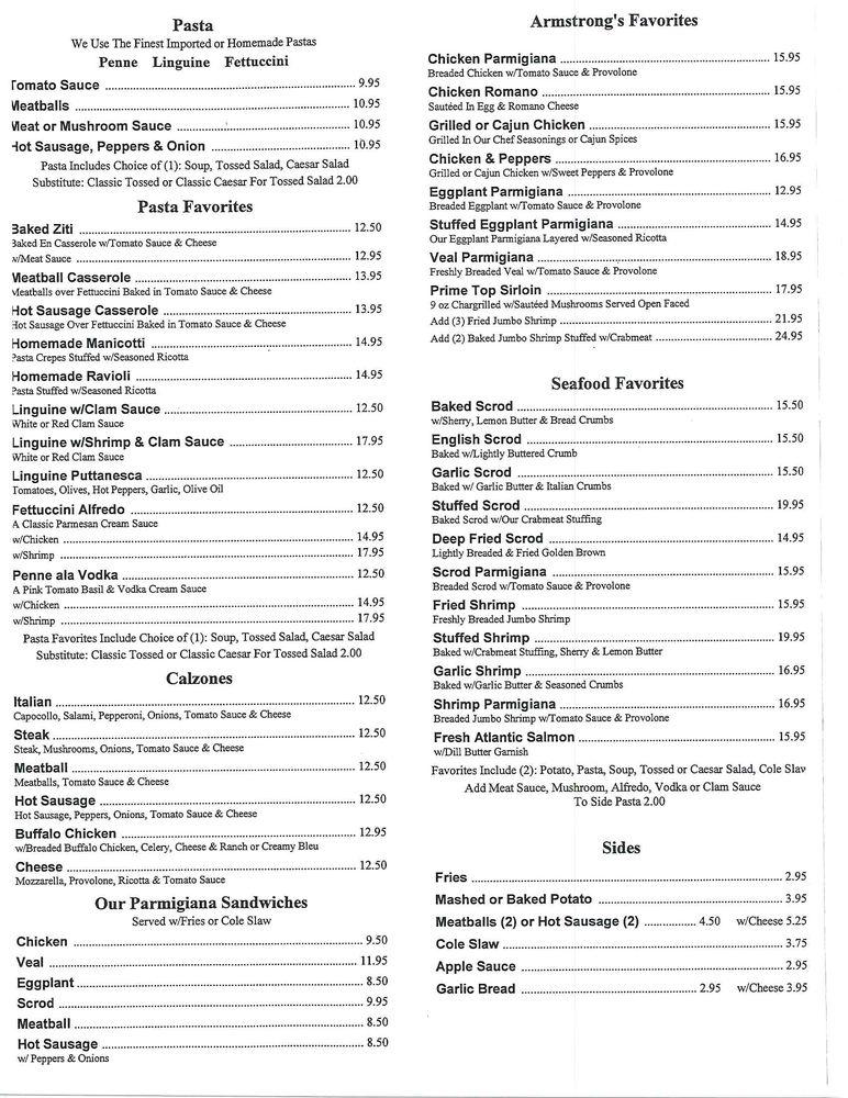 Menu at Armstrong's restaurant, Moon, Thorn Run Rd