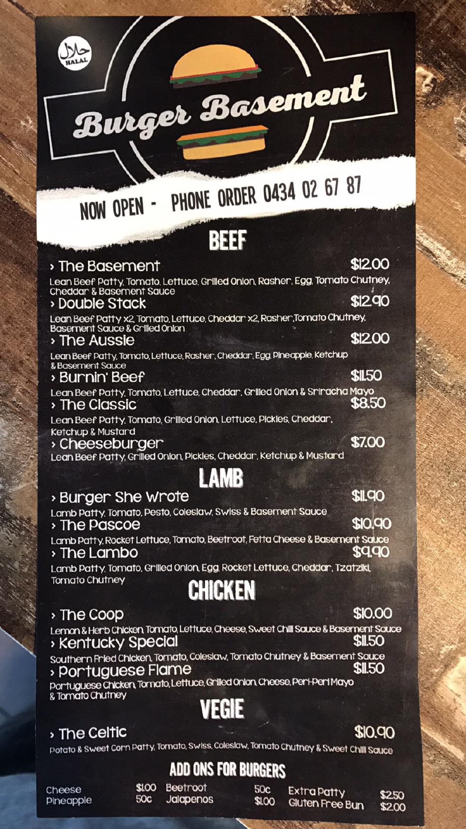 Menu at Burger Basement restaurant, Pascoe Vale