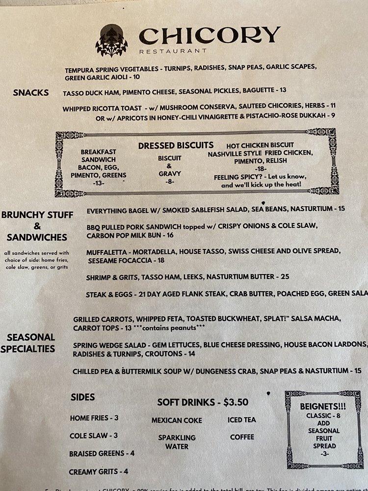 Menu at Chicory pub & bar, Olympia