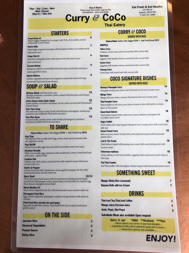 Menu at Curry&CoCo Thai Eatery restaurant, Astoria