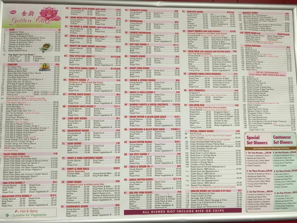 Menu at Golden Chef restaurant, Darlington