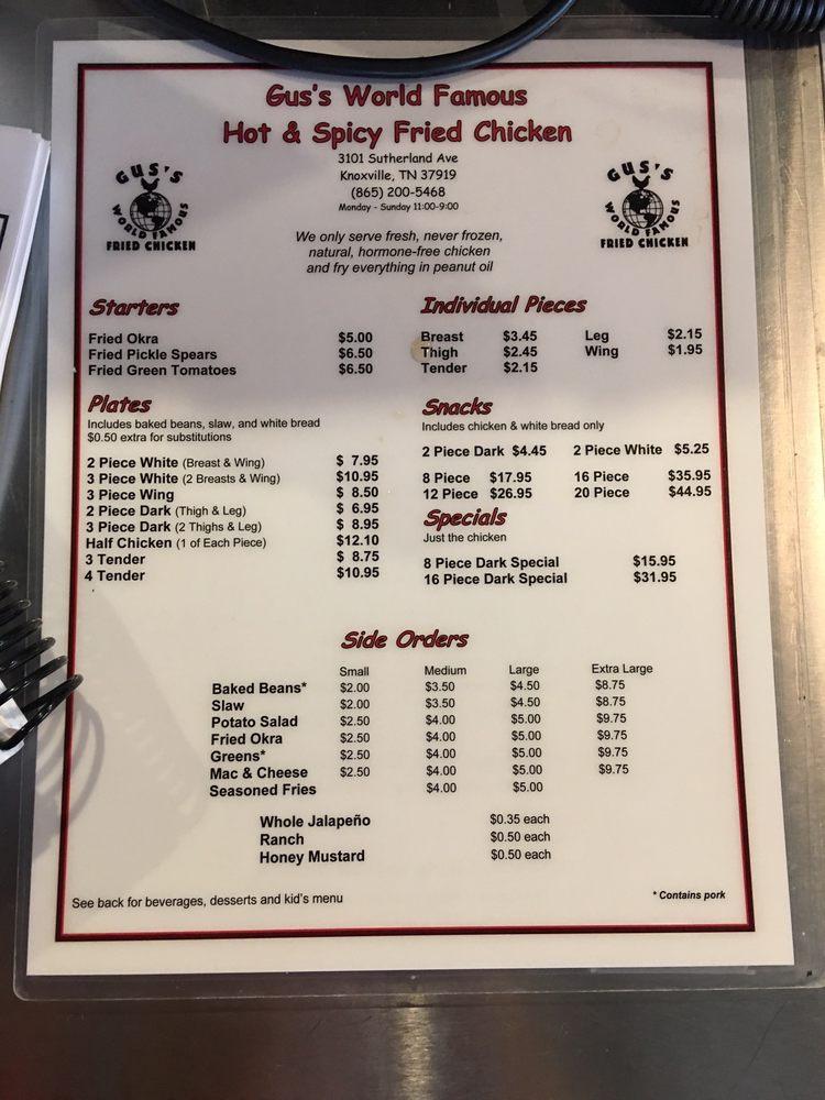 Menu at Gus's World Famous Fried Chicken restaurant, Knoxville
