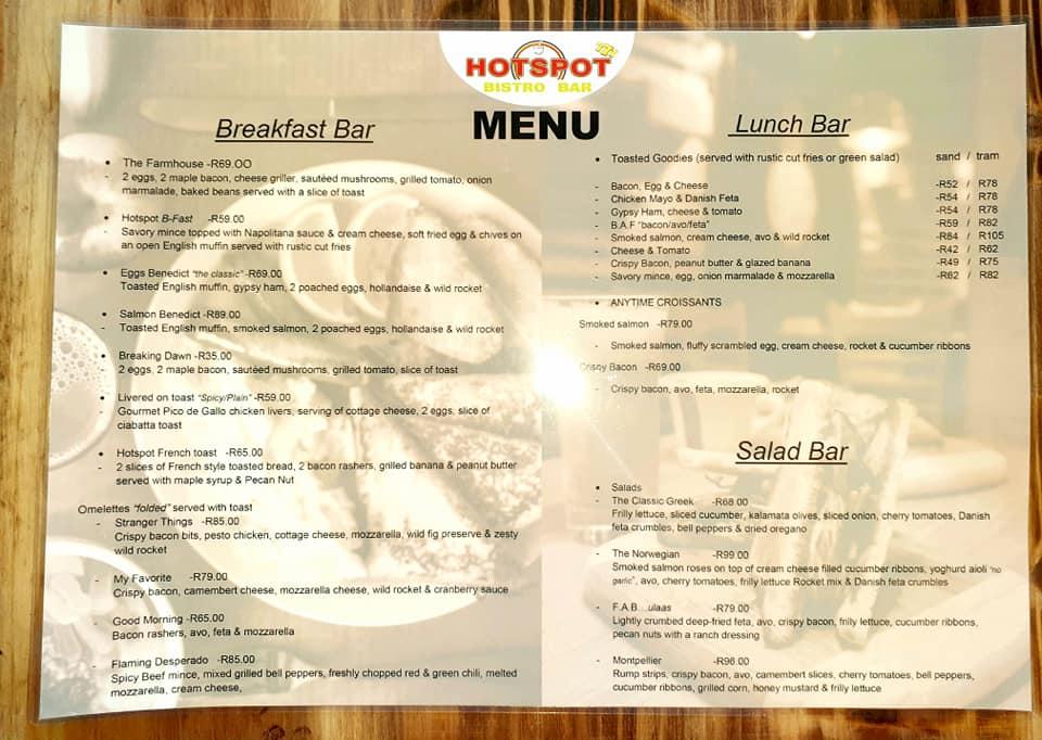 Menu at Hotspot Bistro Bar, Port Elizabeth