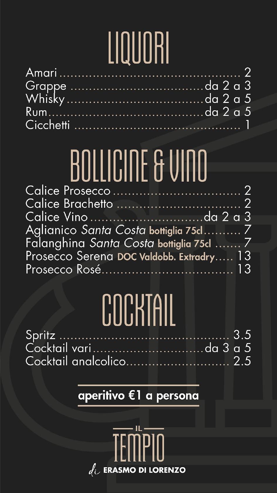 Menu at Il Tempio lounge Bar Events, Carano