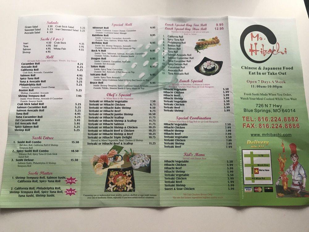 Menu at Mr Hibachi restaurant, Blue Springs, 726 MO-7