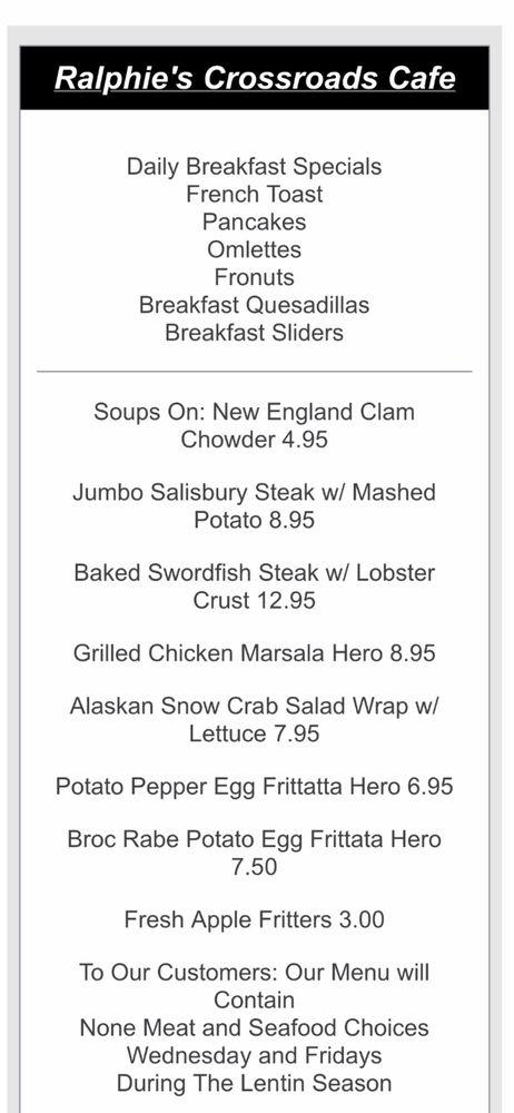 Menu at Ralphie's Crossroads Cafe, Plainview