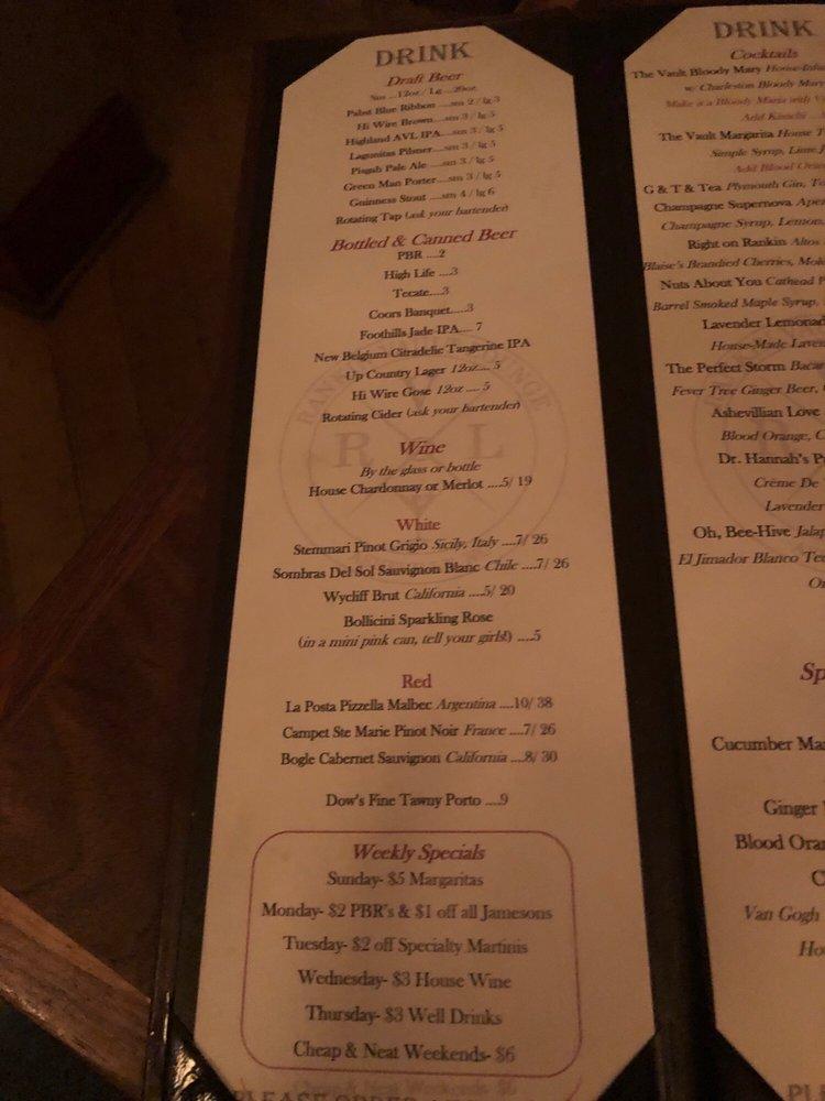 Menu at Rankin Vault Cocktail Lounge restaurant, Asheville