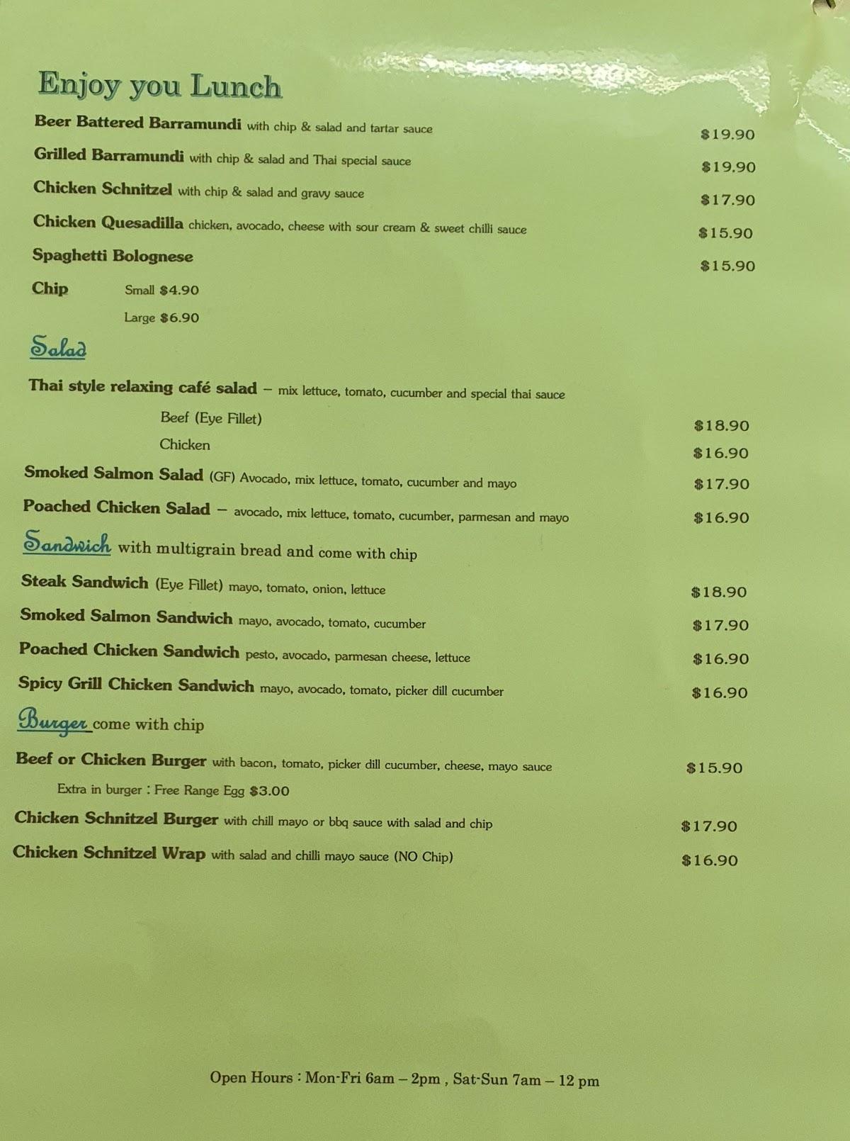 Menu at Relaxing Cafe, Moree