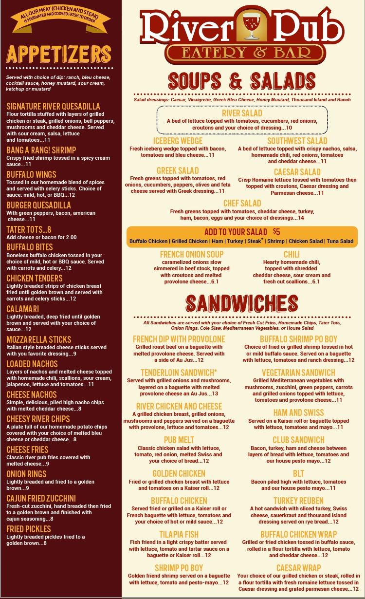 Menu at River Pub, Raleigh