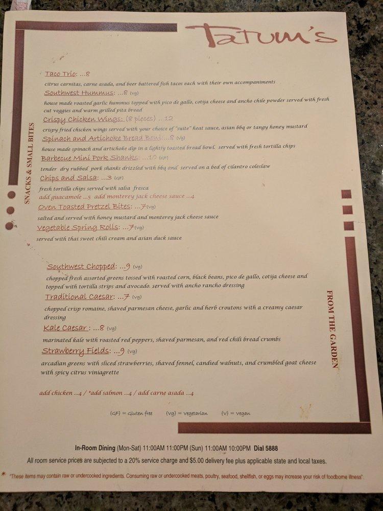 Menu at Tatum's restaurant, Phoenix