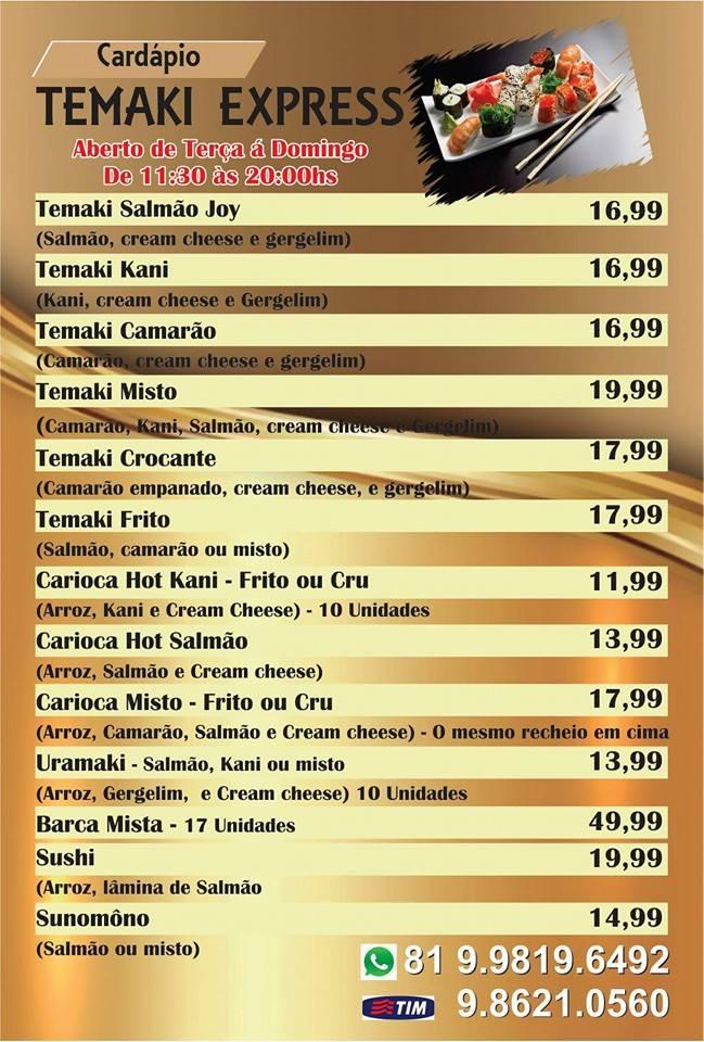 Menu at Temaki express restaurant, Palmares