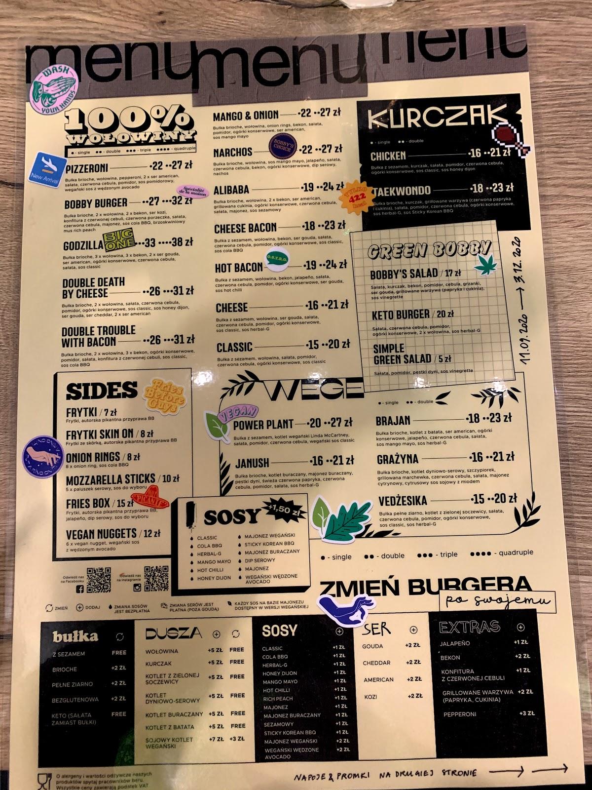 Menu at Bobby Burger restaurant, Warsaw, Zgrupowania AK "Kampinos" 15
