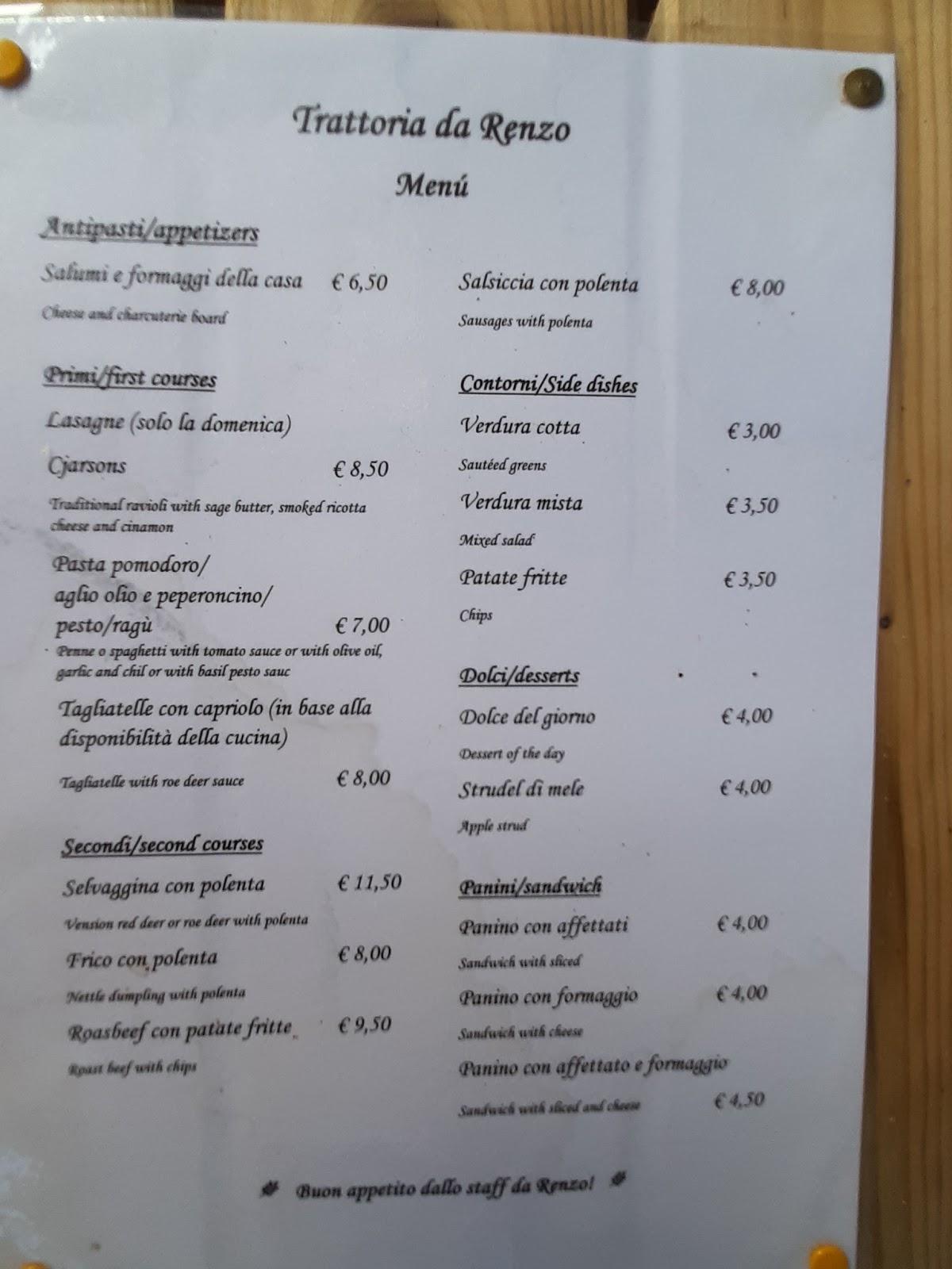 Menu da Da Renzo pub & bar, San Francesco