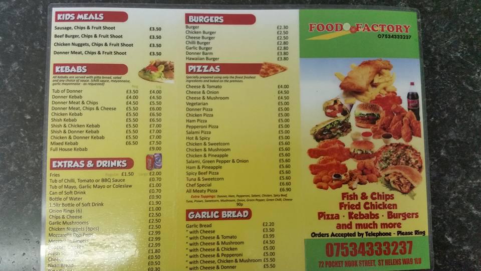 Menu at Food Factory restaurant, Warrington