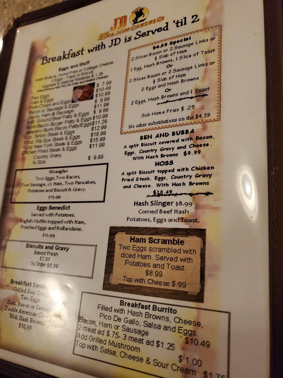 Menu at J D Slinger's Steakhouse, Fallon