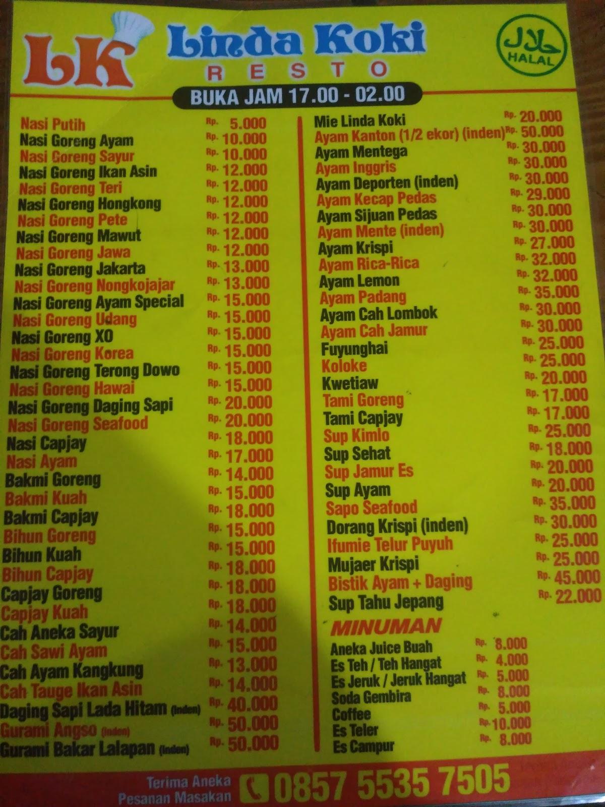 Menu at Linda Koki restaurant, Mangliawan