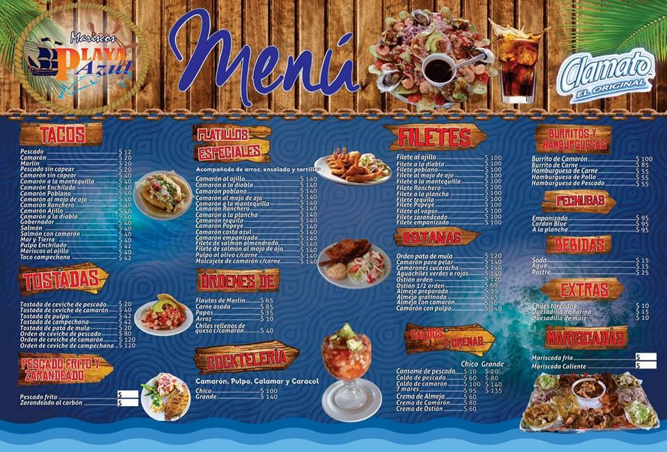 Menu at Mariscos Playa Azul restaurant, Tijuana
