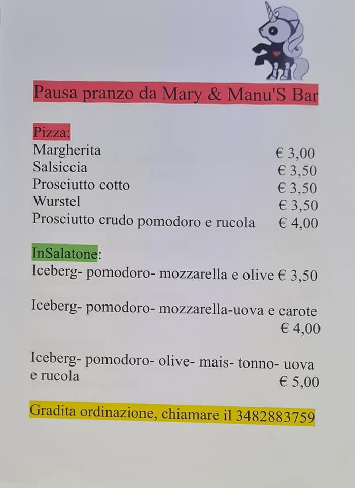 Menu at Mary & Manu's Bar, Mandas