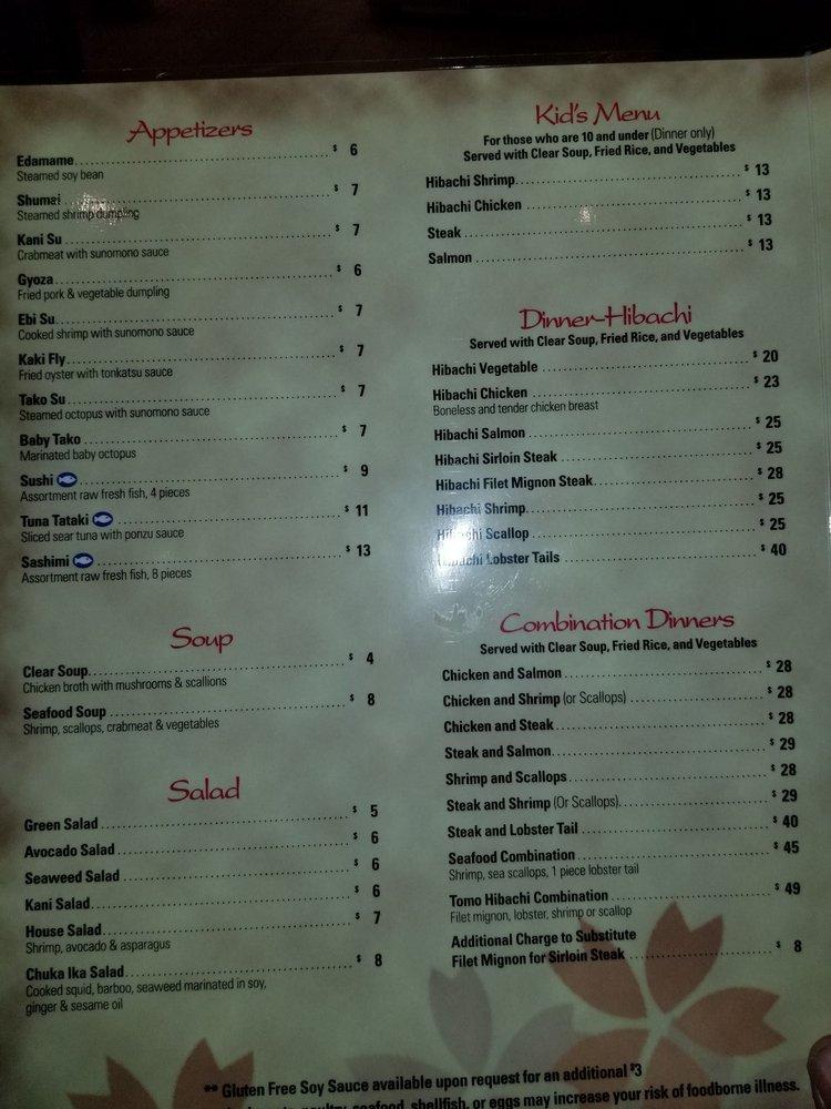 Menu at Tomo restaurant, Sandusky