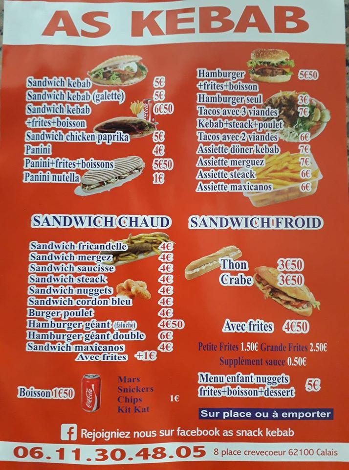 Menu at Aksaray kebab restaurant, Calais