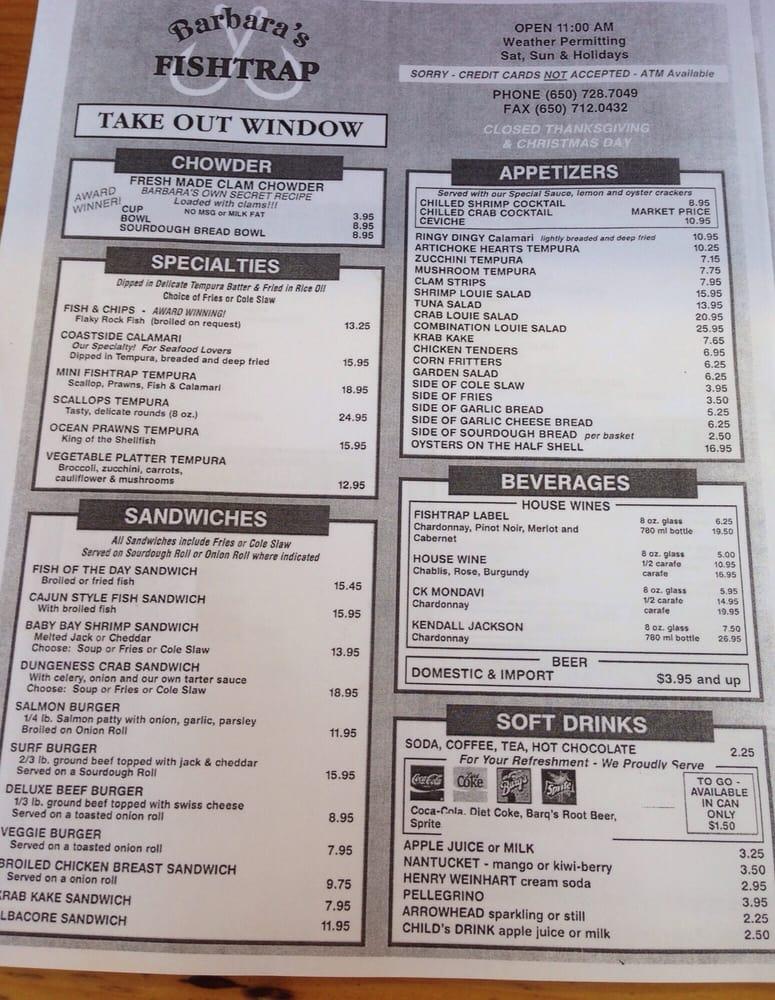 Menu at Barbara's Fishtrap, Half Moon Bay